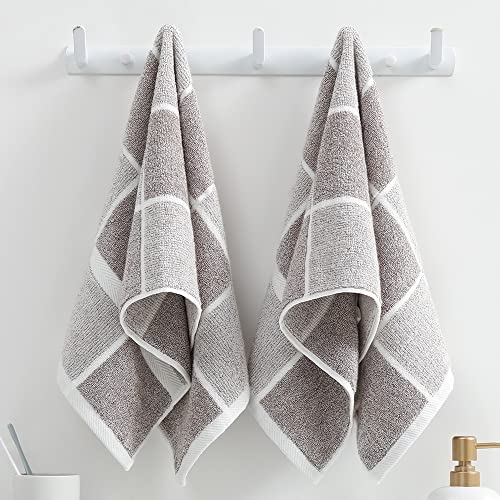 sense gnosis Summer Grey Hand Towel Set of 2 Soft 100% Cotton Checkered Pattern Terry Absorbent Decorative Hand Towel for Bathroom 13x 29 Inch