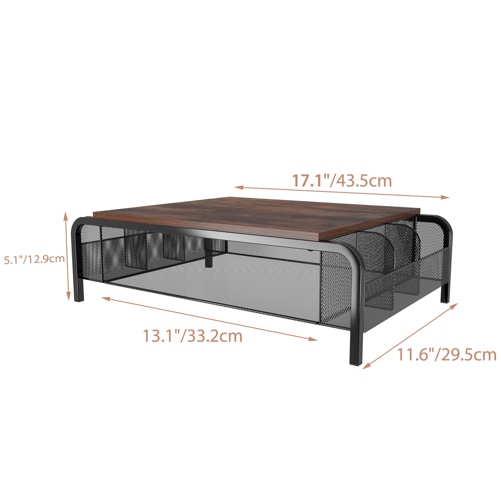 Trwcrt Metal Desk Monitor Stand Riser with Organizer Drawer, Rustic Monitor Riser for Computer, Small Printer, Laptop, Black and Brown