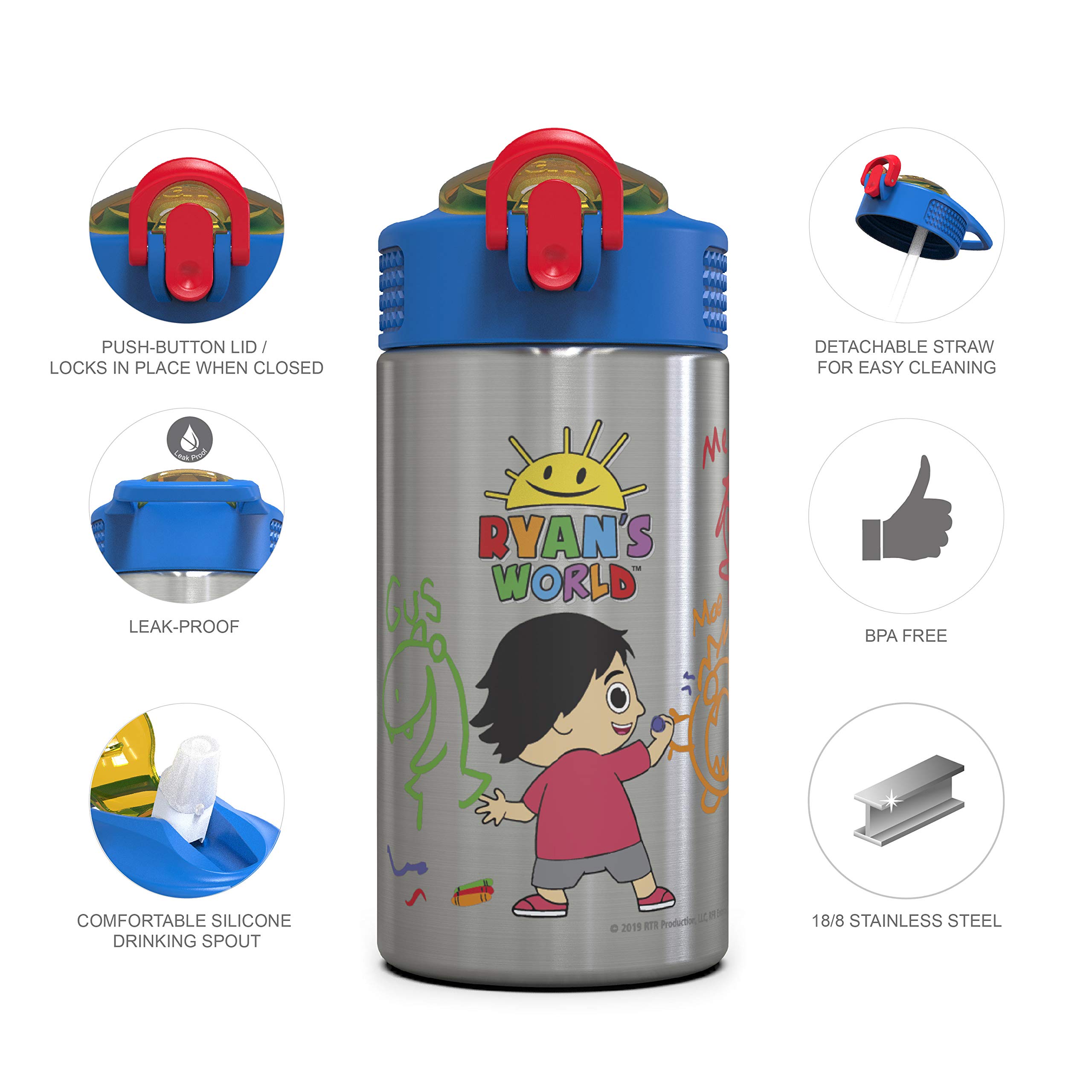 Zak Designs Ryan's World Ryan and friends 15.5 ounce Water Bottle BPA Free with One Hand Operation Action Lid and Built-in Carrying Loop, with Straw is Perfect for Kids