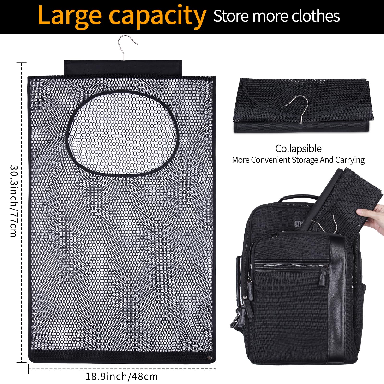 GUMQDD Breathable Mesh Laundry Hamper, Bringing Hooks Foldable Hanging Shower Caddy, Fast Drying Portable Space Saving Storage Bag, Applied to College Dorm Rooms, Gym, Swimming and RV Travel (Black)