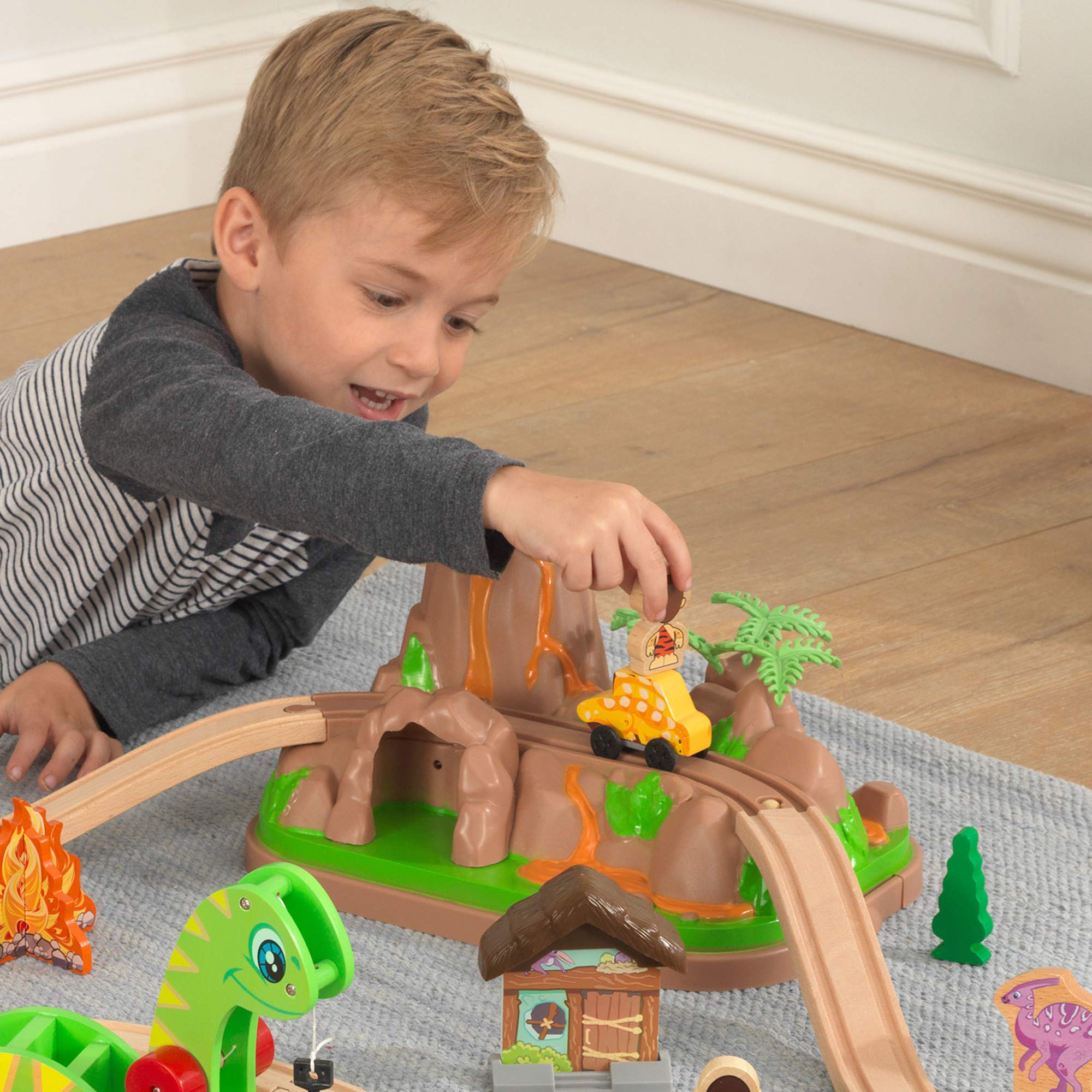 KidKraft Dinosaur Bucket Top Portable Wooden Train Set with 56 Pieces and 9 Feet of Track, Gift for Ages 3+