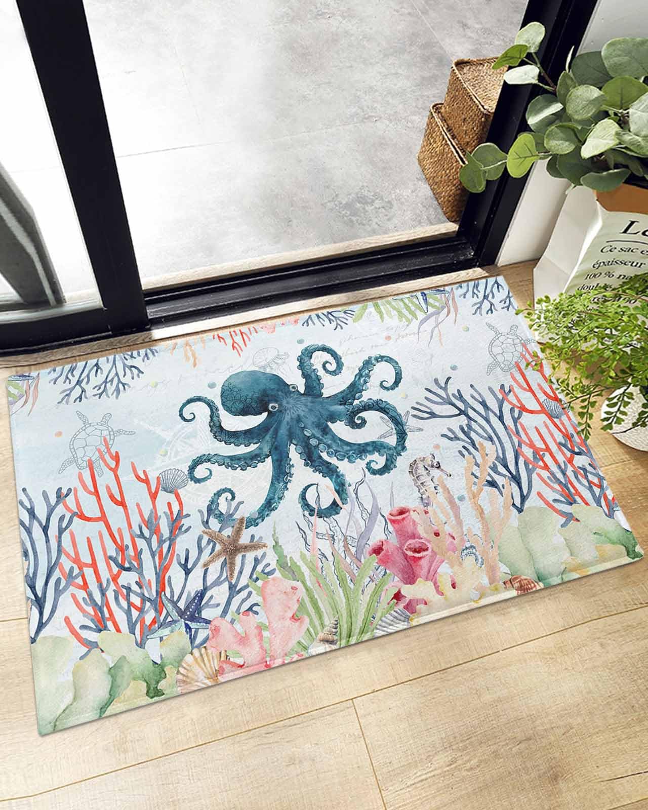 Octopus Shag Mat for Bathroom,Sea Monster Fluffy Bath Rug,Underwater Coral Non-Slip Water Absorb Area Rug Shaggy Carpet,Ocean Marine Life Washable Warm Fuzzy Shag Door Mats for Indoor Floor 24x35IN