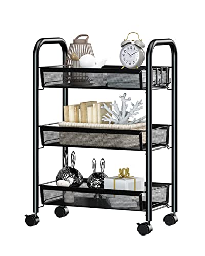 Rolling Storage Cart 3-Tier Metal Mesh Basket Shelves Kitchen Organizer with Wheels(Black)