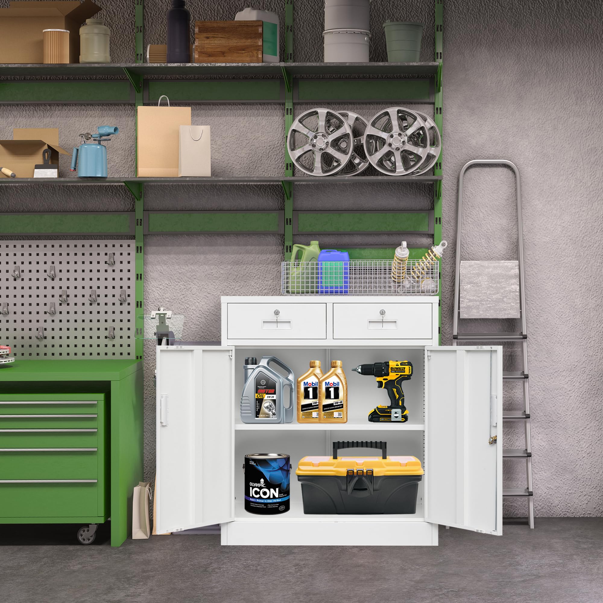 TaskStorz Metal Garage Storage Cabinets,Metal File Cabinet with 2 Locking Drawers, Lockable Storage Cabinets for Office, Home, Garage, Warehouse 36.2" H x 31.5" W x 15.7" D (White)