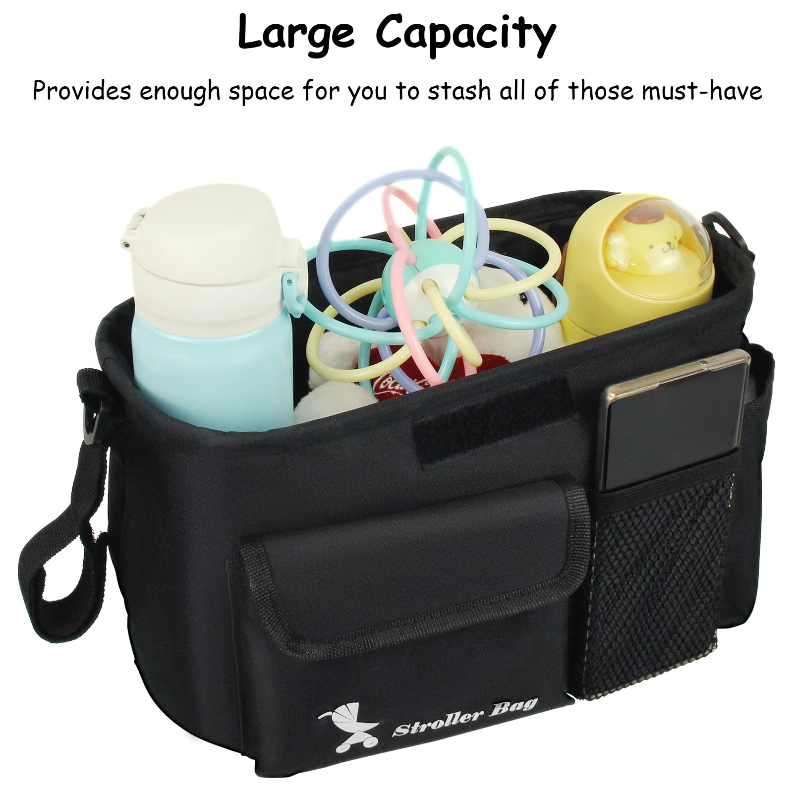 Universal Baby Stroller Organizer with Cup Holder, MOXIV Stroller Storage Caddy Bag with Adjustable Shoulder Strap, Large Capacity for Baby Essentials, Compact Design Fits Most Strollers(Black)