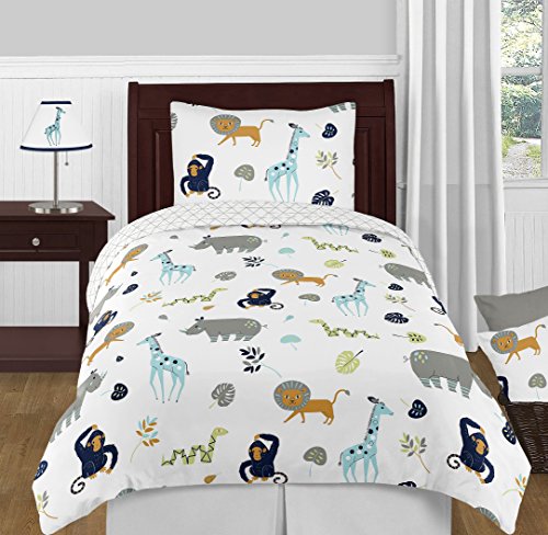 Sweet Jojo Designs Safari Animals Foldable Fabric Storage Cube Bins Boxes Organizer Toys Kids Baby Childrens - Set of 2 - Turquoise and Navy Blue Mod Jungle Lion Monkey Giraffe