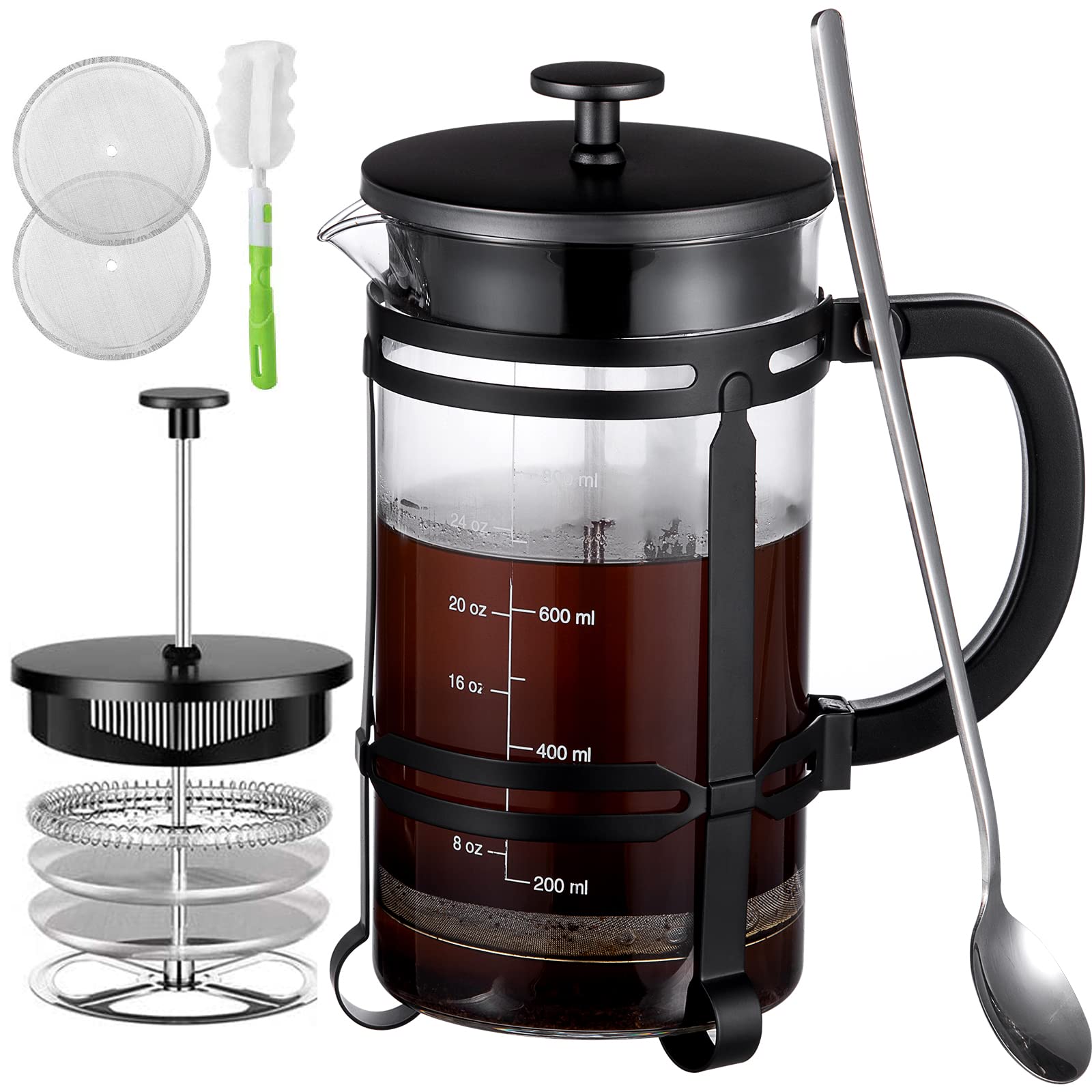 French Press Coffee Maker (34 oz) with 4 Filters - 304 Durable Stainless Steel,Heat Resistant Borosilicate Glass Coffee Press,BPA Free,Black(include 1 cleaning brush,1spoon and 2 spare filter screen