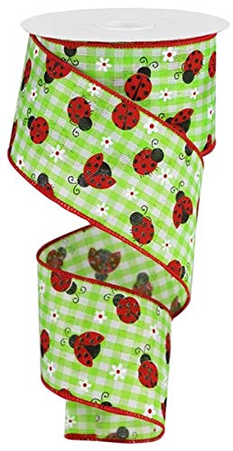 Mini Ladybugs on Canvas Wire Edged Ribbon - 10 Yards (Light Green Gingham, 2.5 Inch)