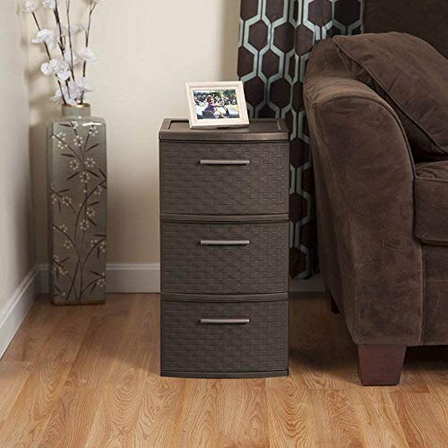 Sterilite 3 Drawer Wicker Weave Decorative Storage Tower, Espresso (2 Pack)