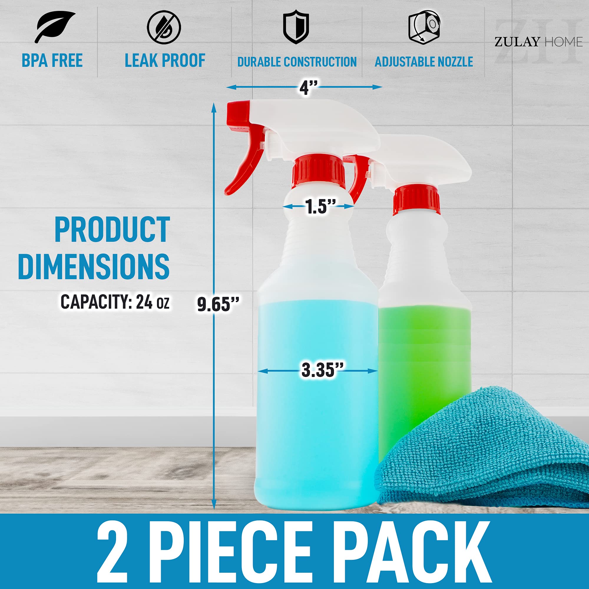 Zulay Home 24 oz Spray Bottle - Heavy Duty Cleaning Spray Bottles For Cleaning Solutions - Leakproof Cleaning Spray Bottle Set with Adjustable Nozzle & Spring Loaded Trigger (2 Pack)
