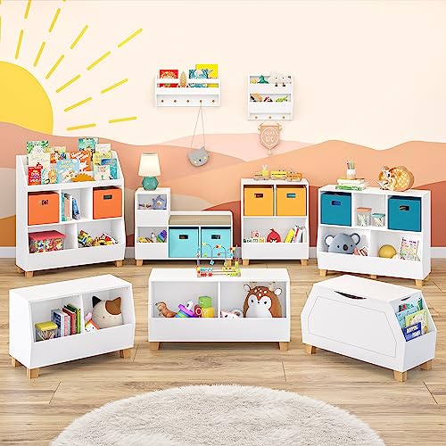 RiverRidge Kids Catch-All Collection Toy Box with Side Book Shelves Child-Safe Toy Storage Organizer With Childrens Bookshelf Side Slots For Kids Game And Book Storage - White