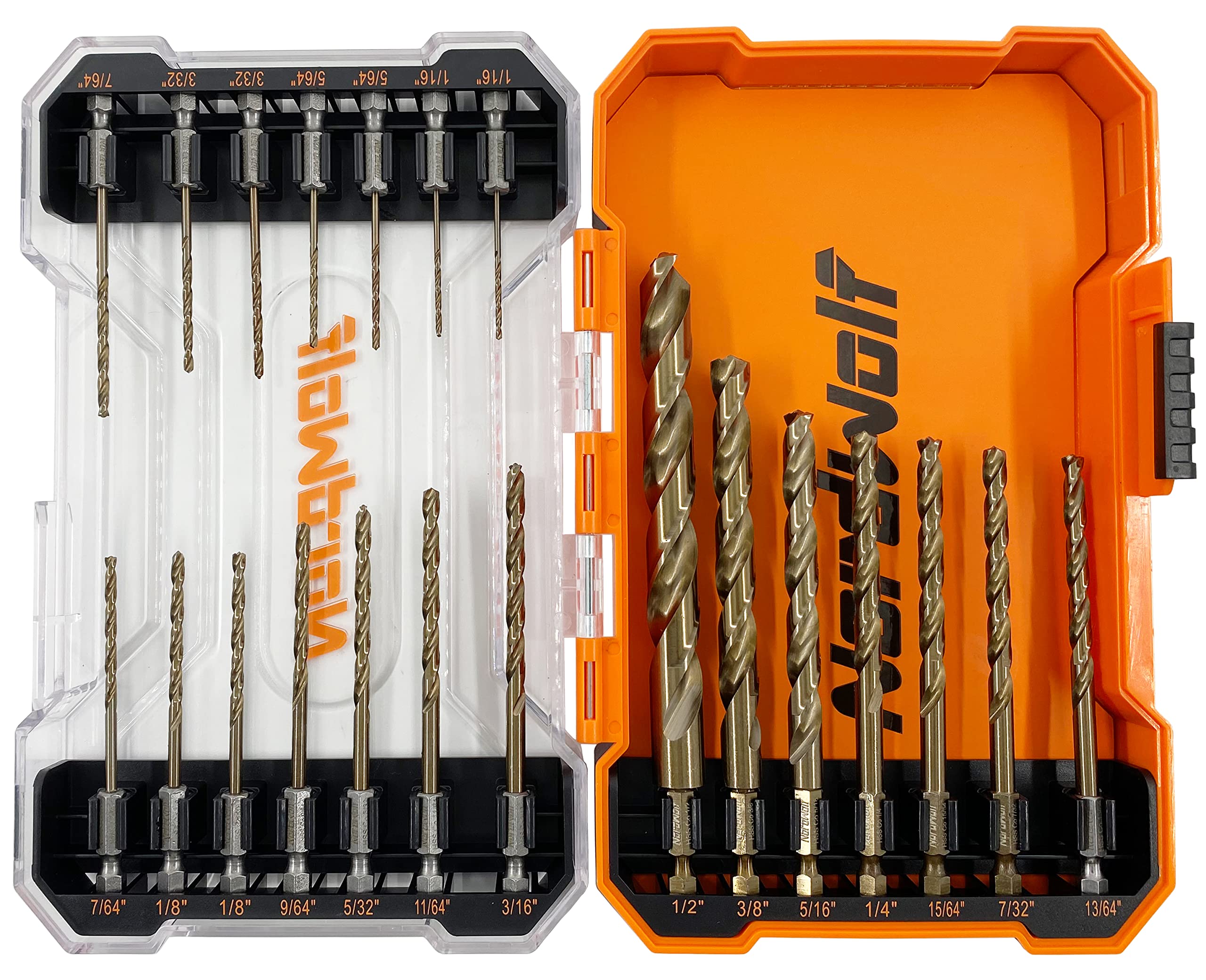 NordWolf 7-Piece M35 Cobalt Drill Bit Set for Stainless Steel, Hard Metals & Cast Iron, Jobber Length with 1/4" Hex Shank, SAE Sizes 1/8"(x3)-3/16"(x2)-1/4"(x2)