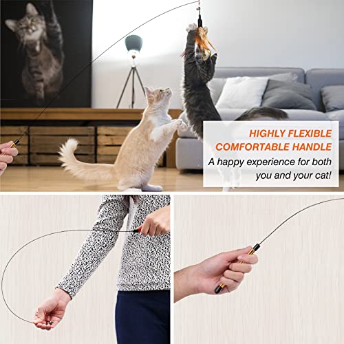 Pawaboo Feather Teaser Cat Toy, Interactive Feather Wand Cat Toy Flying Feather Cat Catcher with Extra Long 34.5" Wand and Small Bell, Fun Exerciser Playing Toy for Kitten or cat, Brown Feather