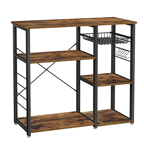 VASAGLE ALINRU Kitchen Baker’s Rack, Coffee Bar, Microwave Oven Stand, with Steel Frame, Wire Basket, 6 Hooks, 35.4", Rustic Brown