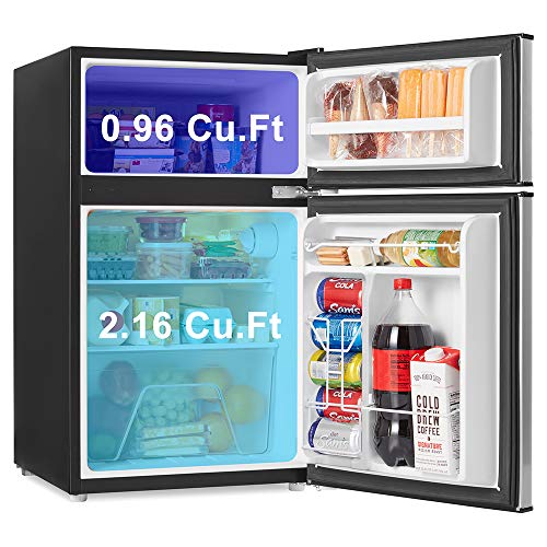 Walsh Compact Retro Refrigerator, Dual Door Mini Fridge, Energy Efficient, Adjustable Mechanical Thermostat with Freezer, Reversible Doors with leveling Front Legs, 3.1 Cu Ft, Stainless Steel