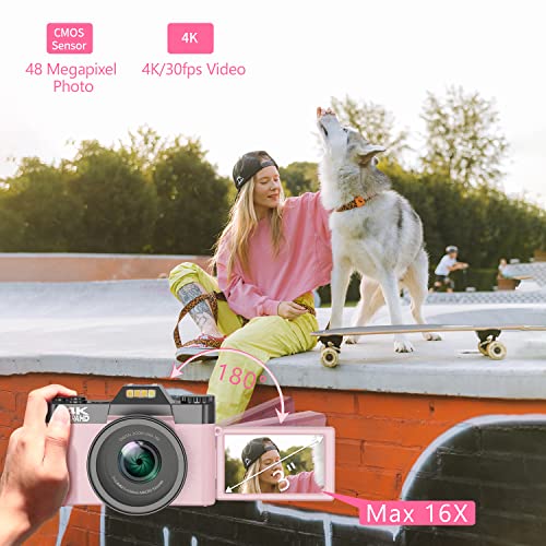 VJIANGER 4K Vlogging Camera for YouTube 48MP Digital Camera for Photography and Video with Flip Screen, Manualfocus, 16X Digital Zoom, 52mm Wide Angle & MacroLens, 32GB TF Card, 2 Batteries(Pink)