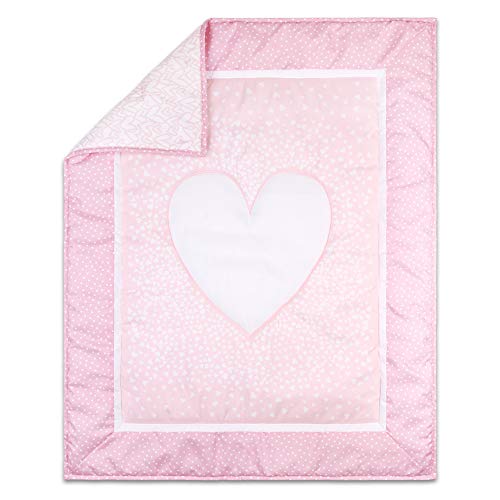 The Peanutshell Hearts Crib Bedding Set for Baby Girls | 3 Piece Pink & White Nursery Set | Baby Quilt, Crib Sheet, and Dust Ruffle