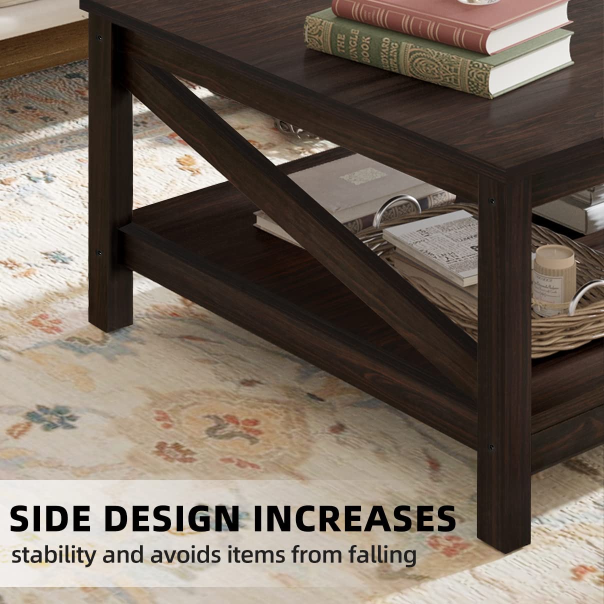 YITAHOME 2-Tier Square Coffee Tables with Storage,Coffee Table for Living Room,Center Table Coffee Table for Home,Wood Living Room Table Industrial Small Farmhouse Cocktail Table, Espresso