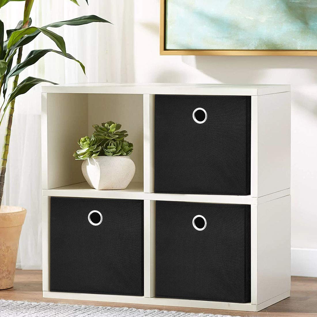 i BKGOO Foldable Storage Cube Drawer Bins Collapsible Fabric Storage Boxes with Round Metal Grommets for Organizing Shelf Nursery Home Closet 4 Pack Black 11" x 11" x 11"