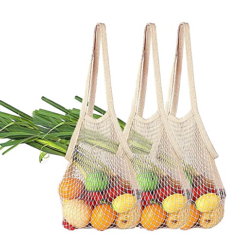Pack of 3 Plus-Size Cotton Net Shopping Tote Ecology Market String Bag Organizer-for Grocery Shopping & Beach, Storage, Fruit, Vegetable and Toys