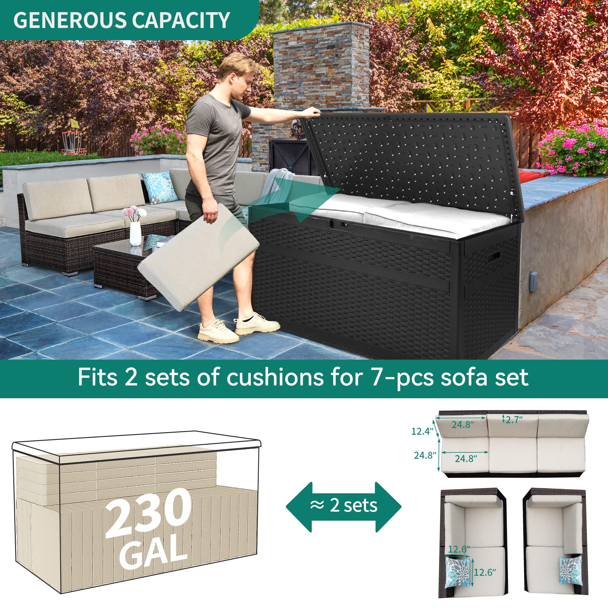 YITAHOME 230 Gallon Double-Wall Deck Box with Divider & Side Handles, Outdoor Large Storage for Patio Furniture Cushions, Garden Pool Accessories, Water Resistant & Lockable
