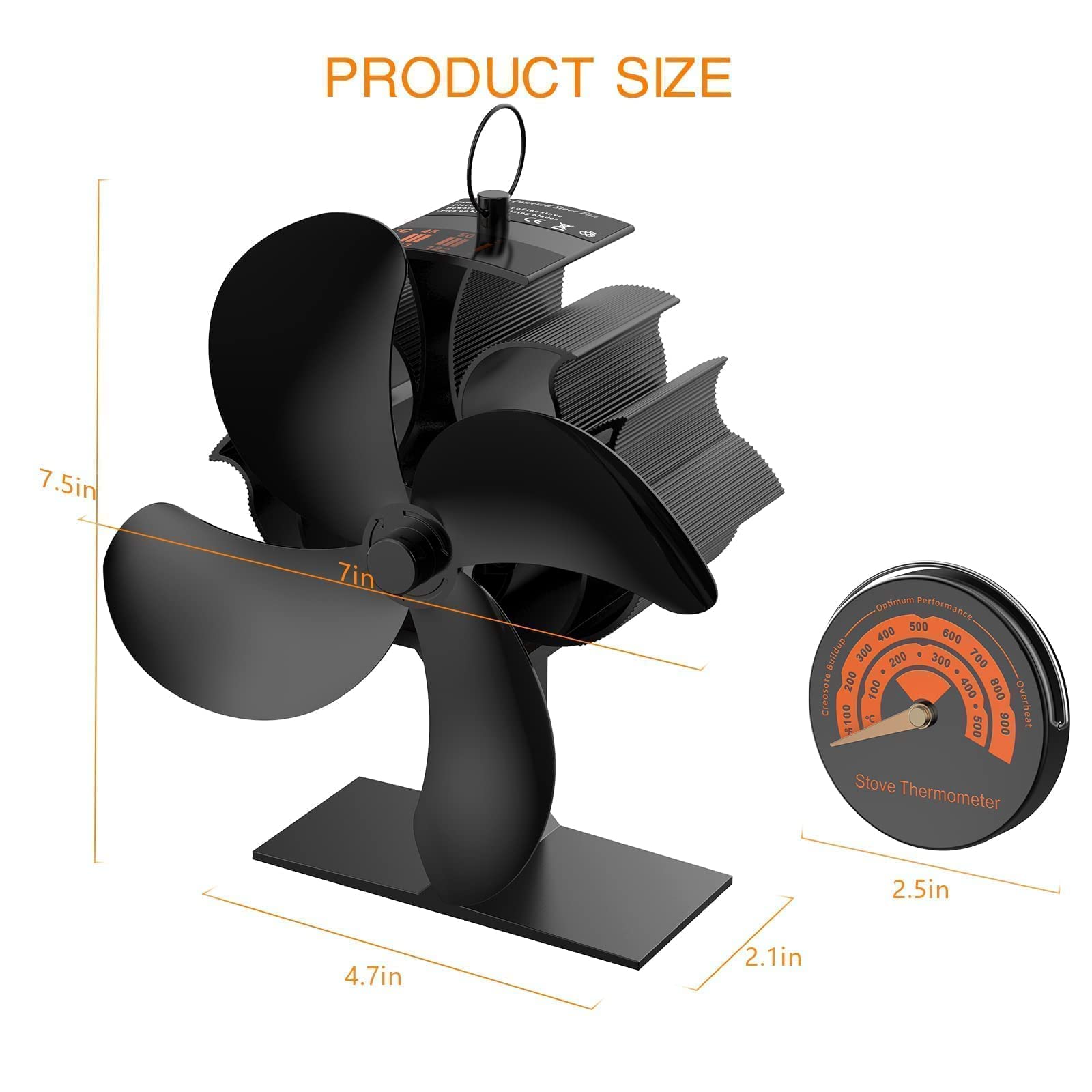 Sterktlys Wood Stove Fan, 4-Blade Heat Powered Stove Top Fan with Temperature Label, Magnetic Stove Thermometer, Efficient Heat Distribution & Silent Operation, for Fireplace, Log Burner, Pellet Stove