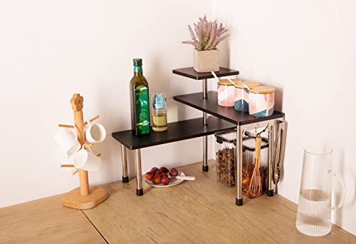 Venloup Upgraded 3 Tier Corner Shelf, Adjustable Bamboo Storage Spice Rack with Hooks, Freestanding Space Saving Counter Display Shelf for Kitchen, Office and Bedroom (Black
