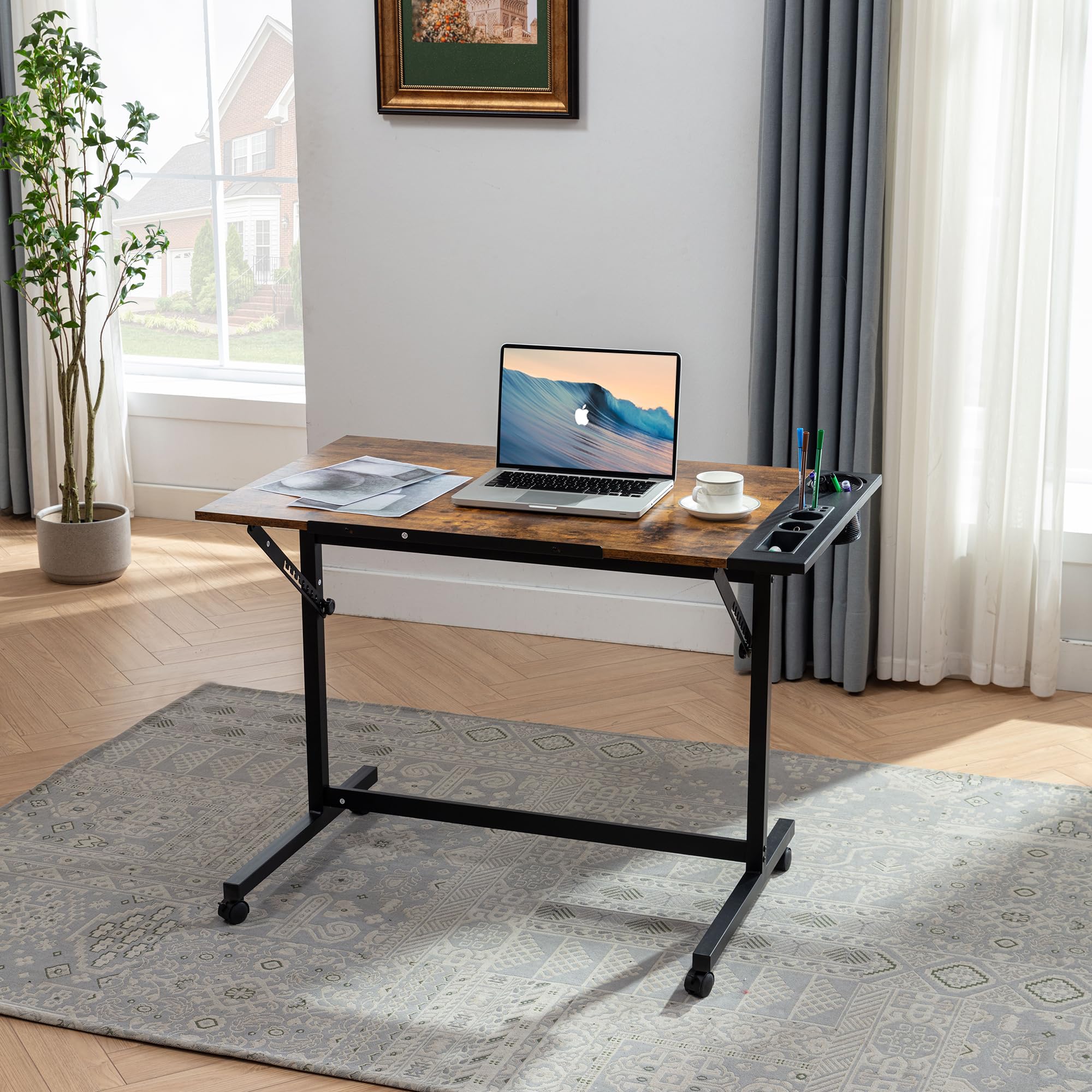 VECELO Vintage Drawing Drafting Table, Adjustable Tilting Top Art Desk Craft Work Station with Pencil Ledge Lockable Slide Rolling Wheels for Painting Diamond Reading Writing Study, Rustic Brown