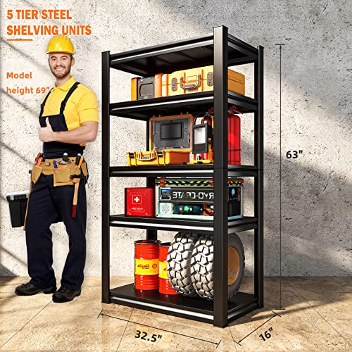 Raybee Storage Shelves Heavy Duty Garage Shelving, 3 Pack, 2050Lbs Loads Adjustable 5 Tier Metal Shelving Unit, Garage Storage Shelves Commercial Storage Rack Utility Shelf Unit, 32.5" W x16 D x63 H