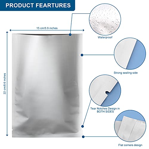 SumDirect Mylar Bags for Food Storage - 100 Pack 6x9 Inches Square Heating Cooking Pouches Heat Sealable Mylar Bag for Long Term Food Storage (Silver)