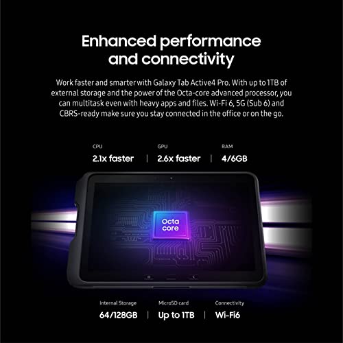 SAMSUNG Galaxy TabActive4 Pro 10.1” 128GB 5G Android Work Tablet, LTE Unlocked, 6GB RAM, Rugged Design, Sensitive Touchscreen, Long-Battery Life-for Workers, SM-T638UZKEN14, Black