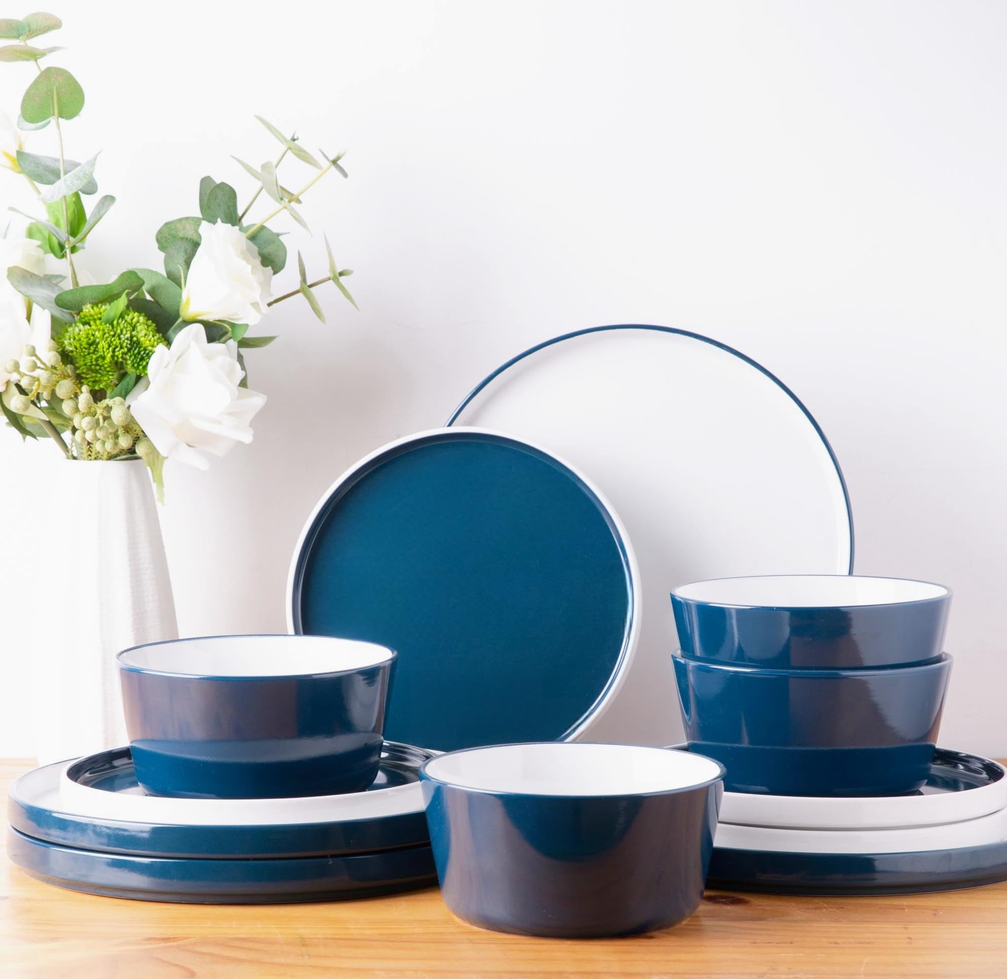 AmorArc Ceramic Dinnerware Sets for 4,12 -Piece Double Color Stoneware Plates and Bowls Set,Chip and Crack Resistant | Dishwasher & Microwave Safe Dishes Set,Service for 4 -White &Gray