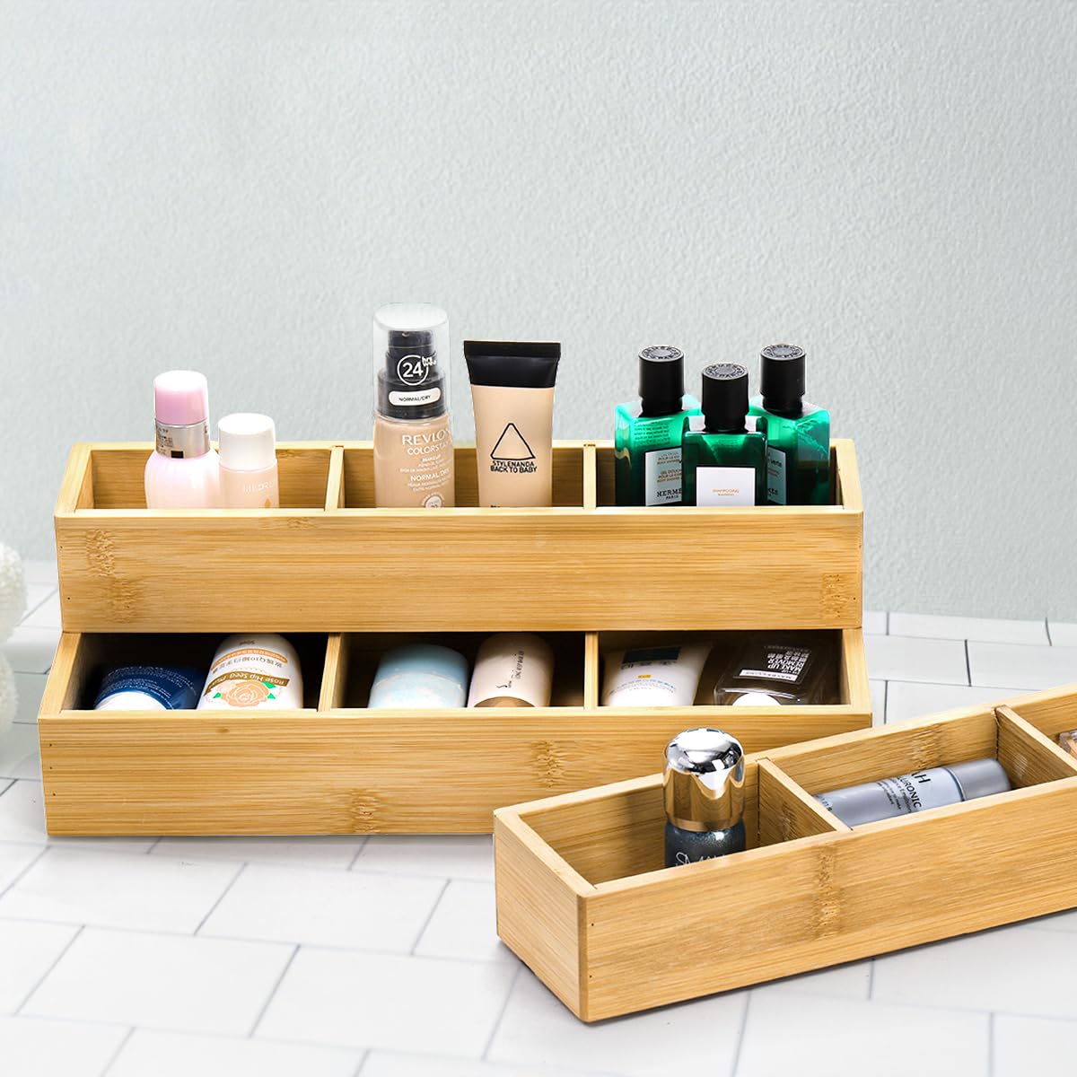 Kingrol Bamboo Drawer Organizers with Adjustable Dividers, Set of 3 Multi-Use Storage Containers for Office Kitchen Bedroom Bathroom, Individual Storage Boxes for Utensil Cutlery Makeup Junk