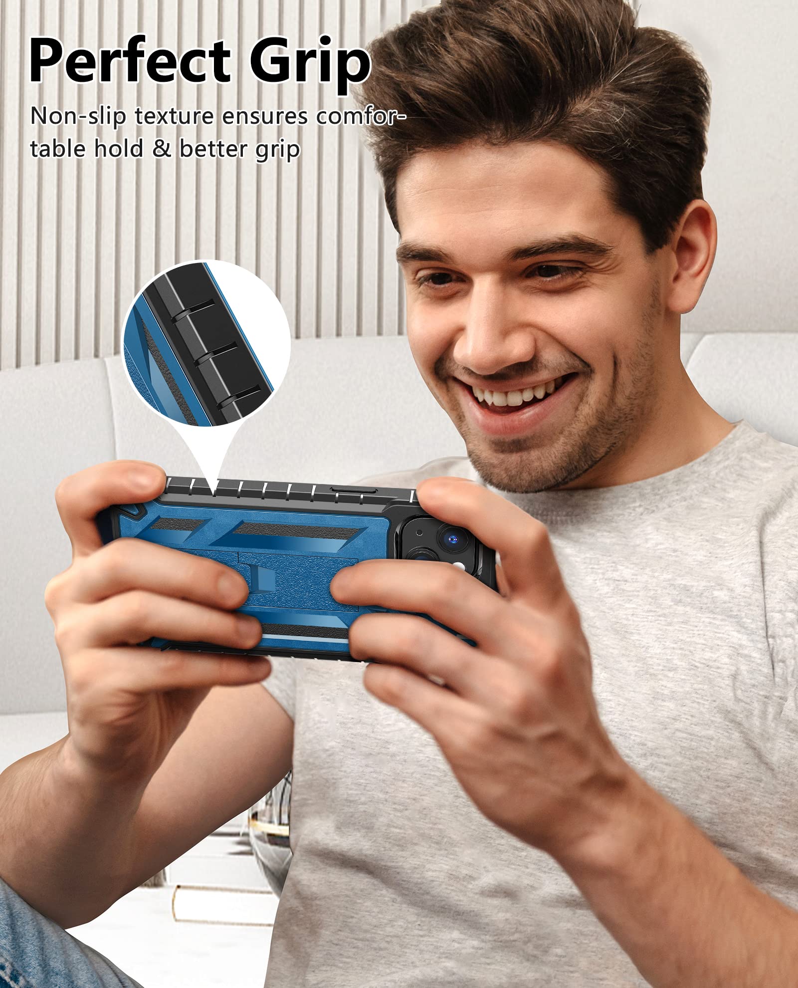 for iPhone 13 Case Protective Cover: iPhone 14 case Heavy Duty Military Grade Hard Protection Shock Proof Grip | Durable Dual-Layer Design iPhone 13-14 Phone Case with Built-in Kickstand Blue