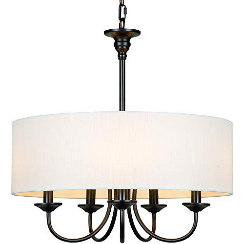 T&A Traditional 5-Light Chandelier with White Linen Drum Shade,20" Simple Chain Pendant Light Lights for Foyer Dining Room Living Room
