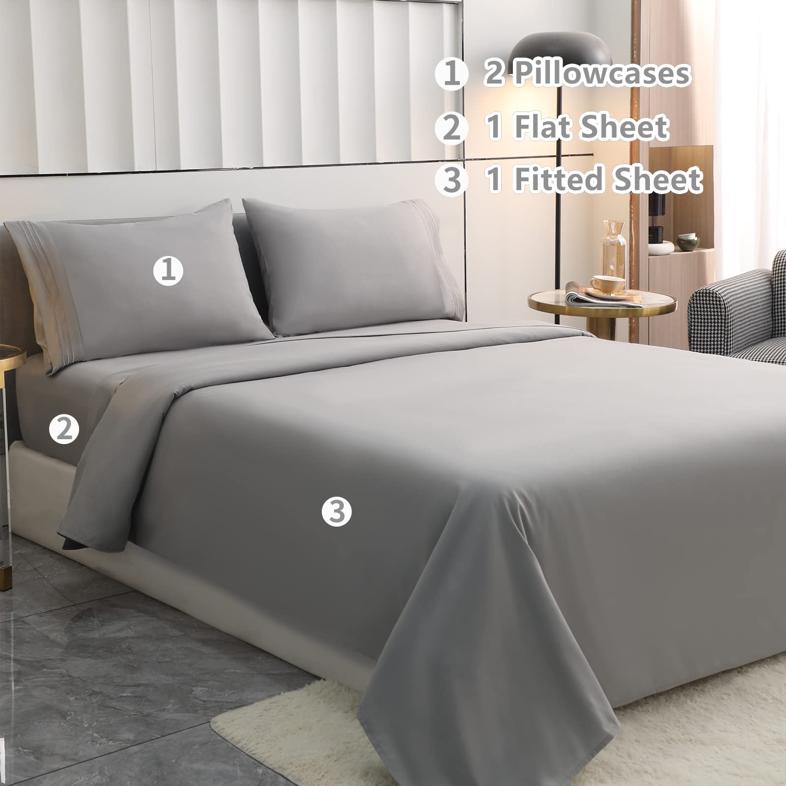 Cove Muse King Size Sheet Set 4 Piece Soft Microfiber 1800 Thread Count Bed Sheets King 16-Inch Deep Pocket King Sheets Fade Resistant & Machine Washable (King, Grey)