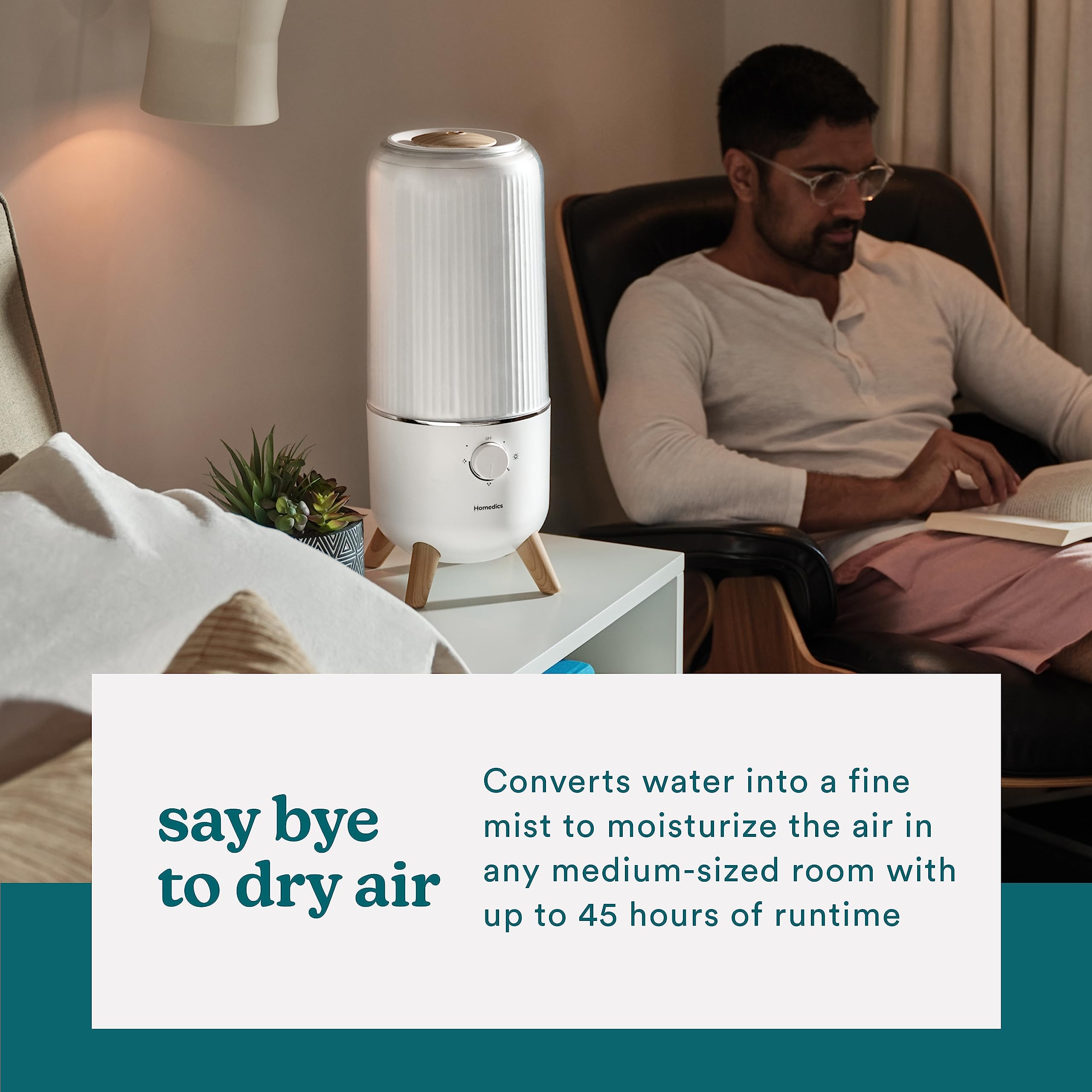 Homedics Ultrasonic Humidifier, Bedrooms and Home Offices, 0.97-Gallon Tank, 45-Hour Runtime, Visible Ultra-Quiet Cool Mist, Aromatherapy, Demineralization Cartridge, Night-Light, Auto-Off, White