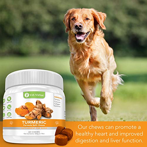 VET-VIRTUE Turmeric for Dogs - Organic Turmeric with Curcumin, Hip and Joint Supplement Dogs Soft Chew, with Collagen and Bioprene, High Absorption Eliminates Joint Pain Inflammation - 60 Count