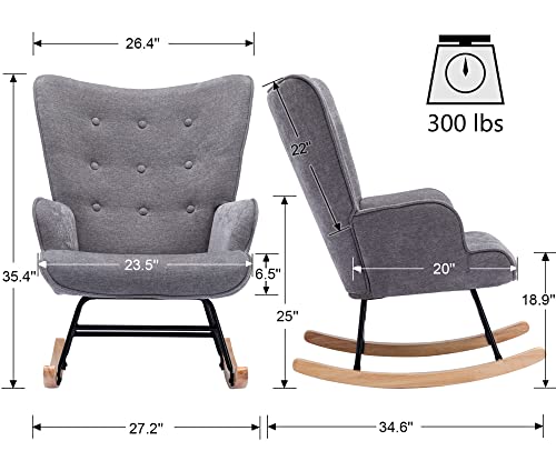 VESCASA Linen Rocking Chair with Tufted Wingback,23.5" Wide Midcentury Modern Indoor Glider Rocker with Arms for Nursery/Reading/Living Room/Bedroom, Grey