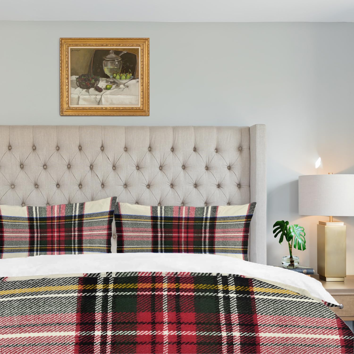 Shrahala Scottish Tartan Duvet Cover Set Queen Size, Green Wool Plaid Symmetric Square Fashion 3 Pieces Soft Brushed Duvet Covers with Button Closure (No Comforter)