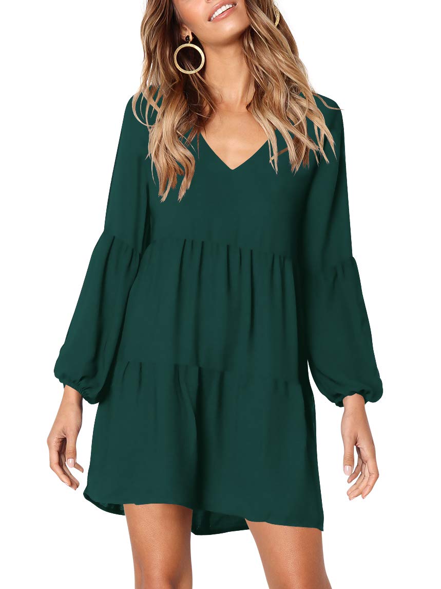 Amoretu Women Long Sleeve Tunic Dress V Neck Swing Shift Dresses(Green,X-Large)