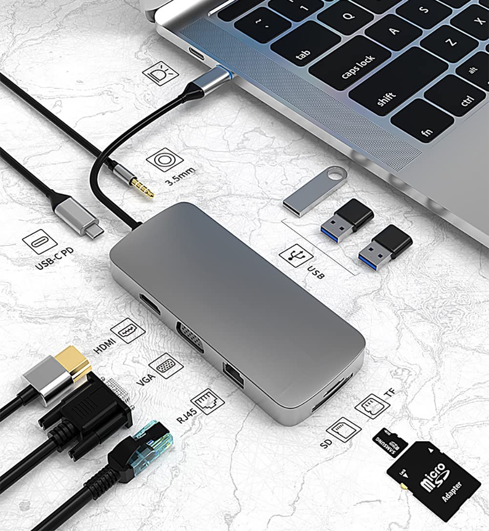 USB C Hub,USB-C Laptop Docking Station,10 in 1 Type C Adapter Compatible for MacBook and Windows(HDMI VGA PD3.0 SD TF Card Reader Gigabit Ethernet USB Ports)
