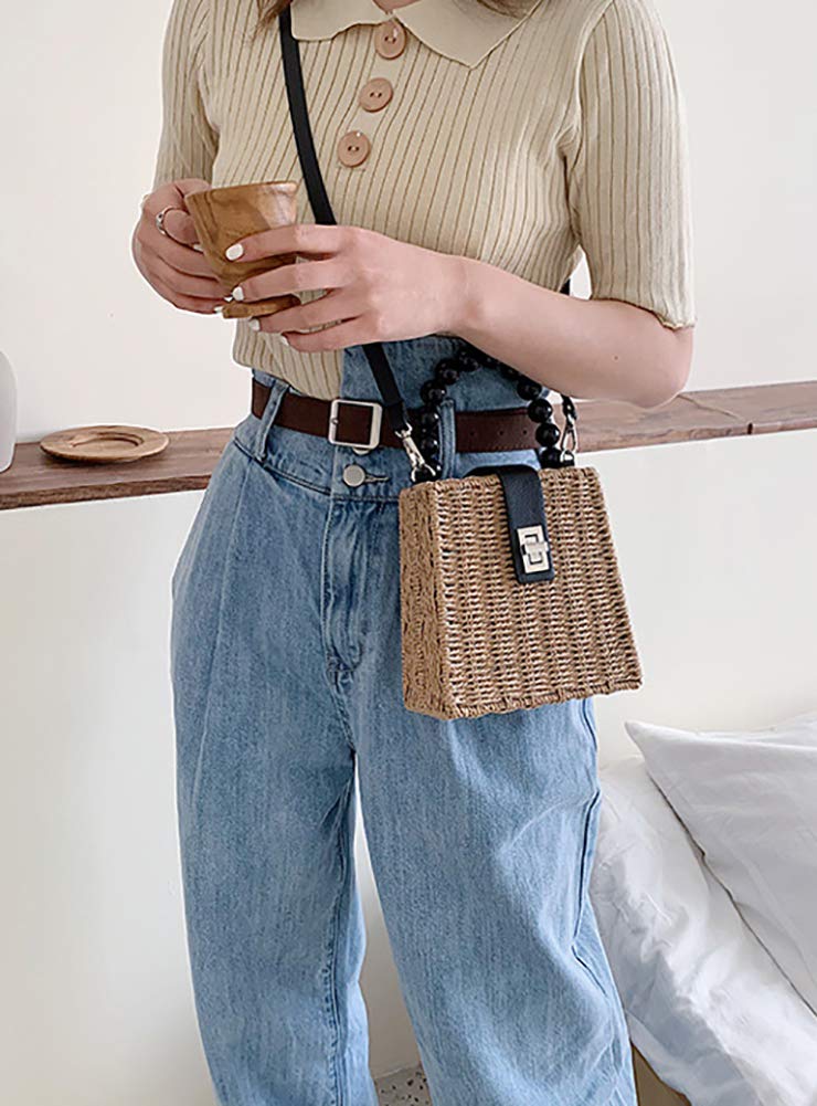 QZUnique Straw Bucket Bags for Women Top Handle Drawstring Woven Handbag Shoulder Bag Summer Beach Purses with Bamboo Handle