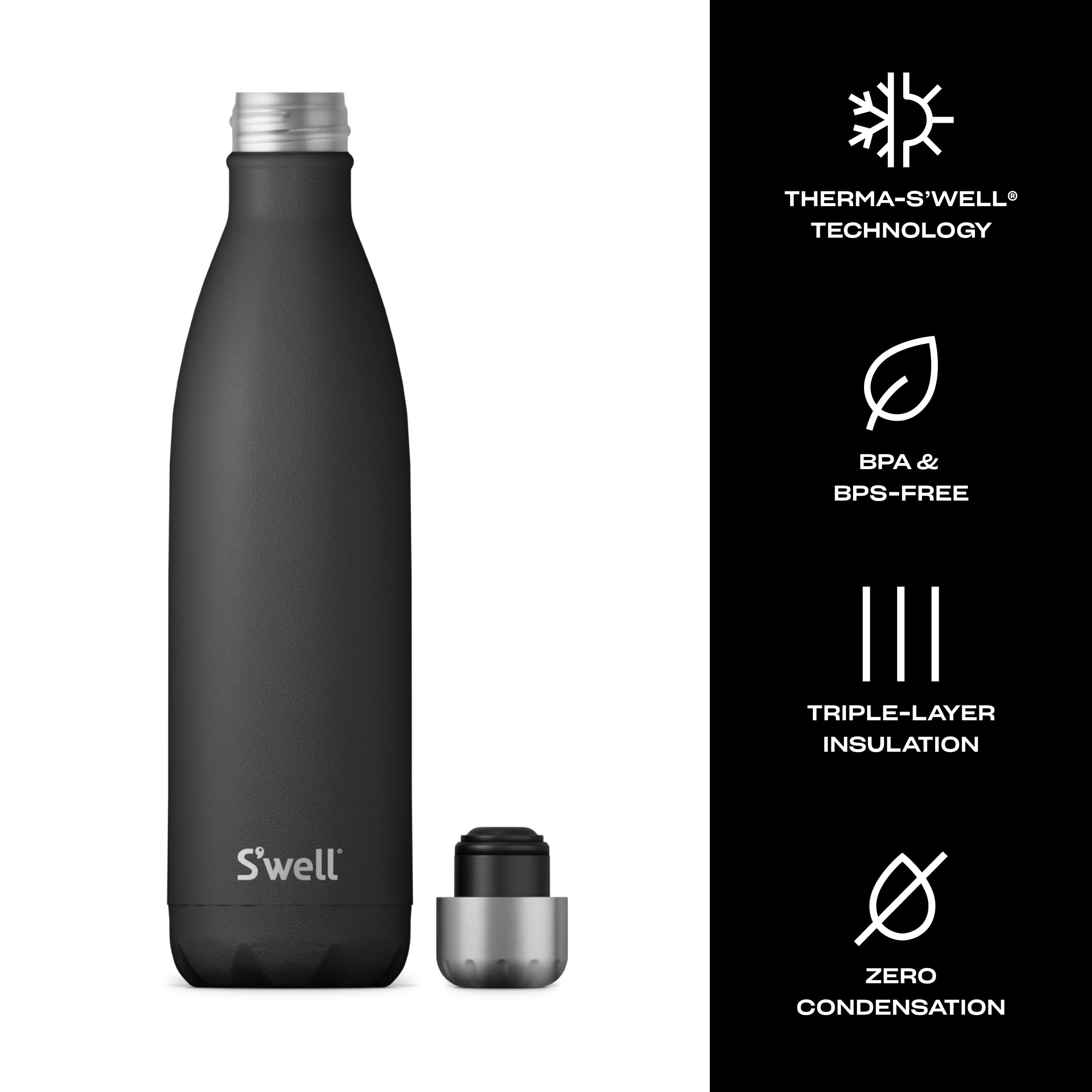 S'well Stainless Steel Water Bottle, 25oz, Onyx, Triple Layered Vacuum Insulated Containers Keeps Drinks Cold for 48 Hours and Hot for 24, BPA Free, Perfect for On the Go