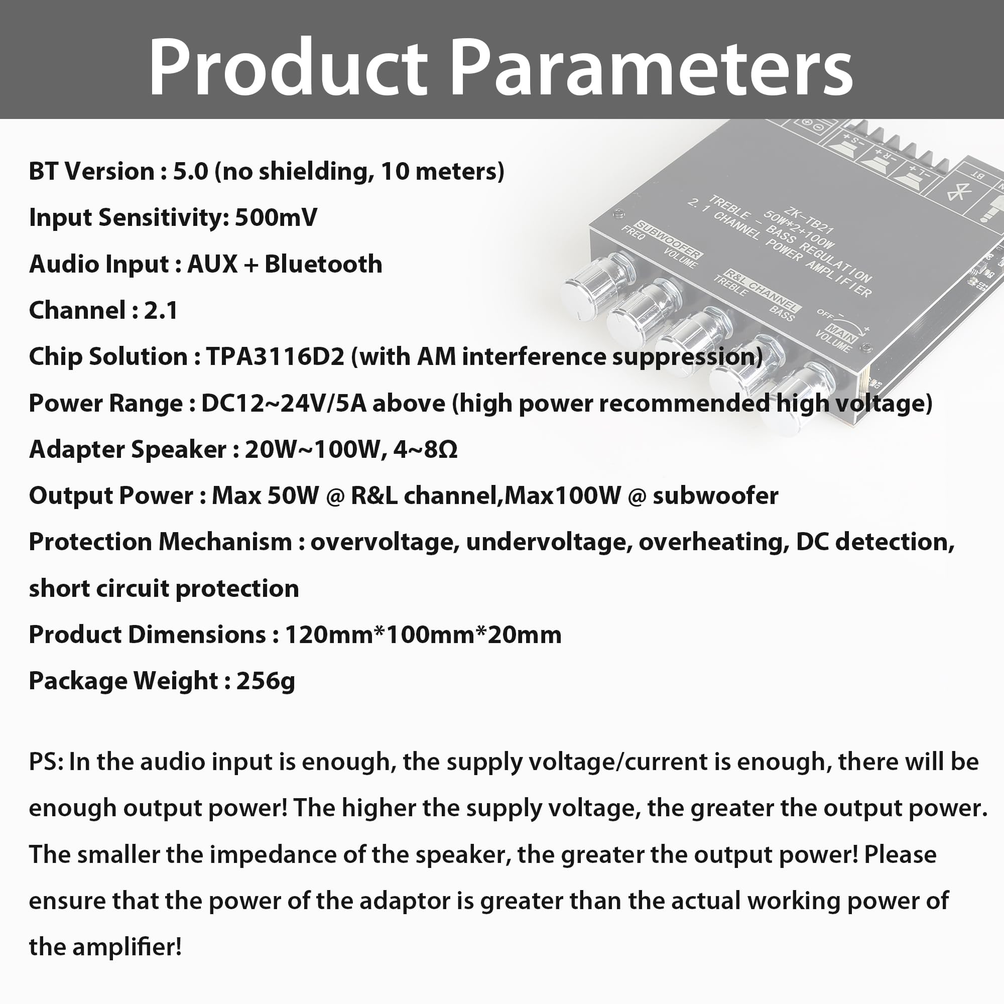 ZK-TB21 Bluetooth Amplifier Board 2.1 Channel,50W+50W+100W Power Output Class D AMP Module with Dual TPA3116D2 Chip (ZK-TB21)
