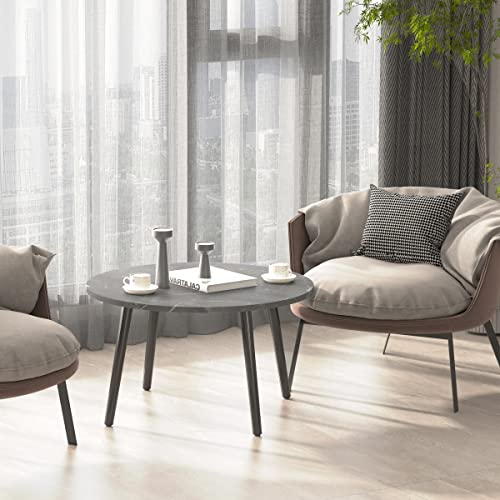 WiberWi Round Coffee Table 23.6β Small Coffee Tables for Living Room Faux Grey Marble Top Modern Circle Table Sturdy Black Solid Wood Legs Cocktail Table End Table