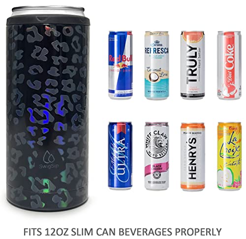 Swig Sip Skinny Can Cooler - Double Wall Stainless Steel Vacuum Insulated Can Holder for 12oz Slim Tall Beverage Bridesmaid Gift (Laser Black Leopard)