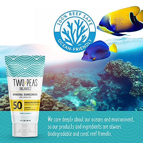 Two Peas Organics - All Natural Organic SPF 50 Sunscreen Lotion - Coral Reef Safe - Baby, Kid & Family Friendly - Chemical Free Mineral Based Formula - Waterproof & Unscented β 3oz