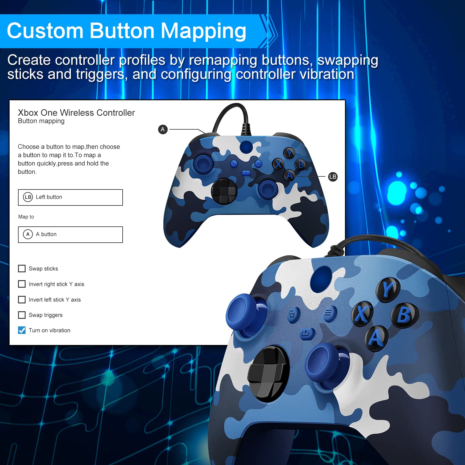 Wired Controller for Xbox Series X|S, Gamepad for Xbox One & Windows 10 PCs, Featuring Remappable Buttons, 3.5mm HiFi Headset Jack, Dual Motors, and 6-Axis Gyroscope - Camo Blue