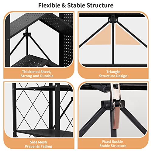 WHIFEA 4 Tier Foldable No Assembly Storage Shelves with Wheels 28.3’’*15’’*49.6’’ Free Standing Metal Wire Rack Heavy Duty Pantry Collapsible Organizer for Kitchen Bedroom Bathroom Office Black